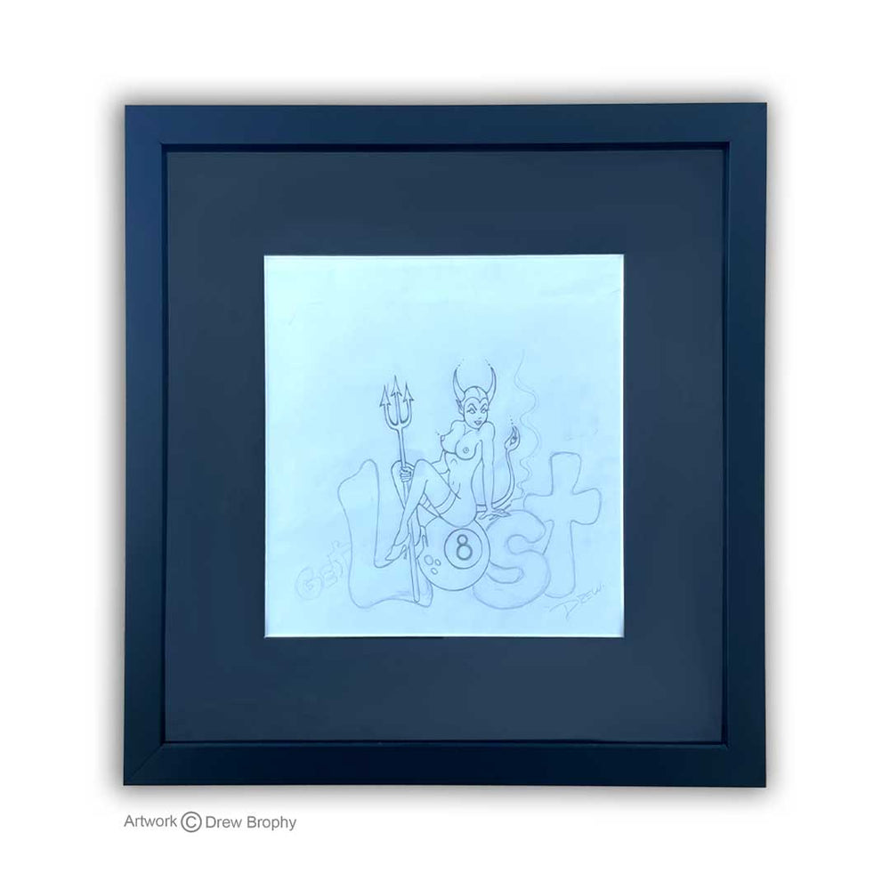 Lost Devil graphite sketch on Paper Framed in black frame and plexigla